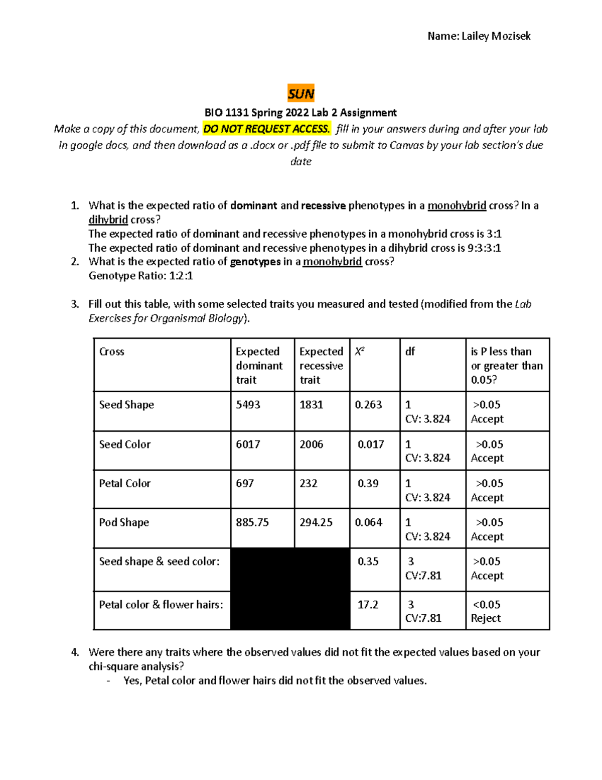 BIO 1131 Lab 2 Worksheet (1) - Name: Lailey Mozisek SUN BIO 1131 Spring ...