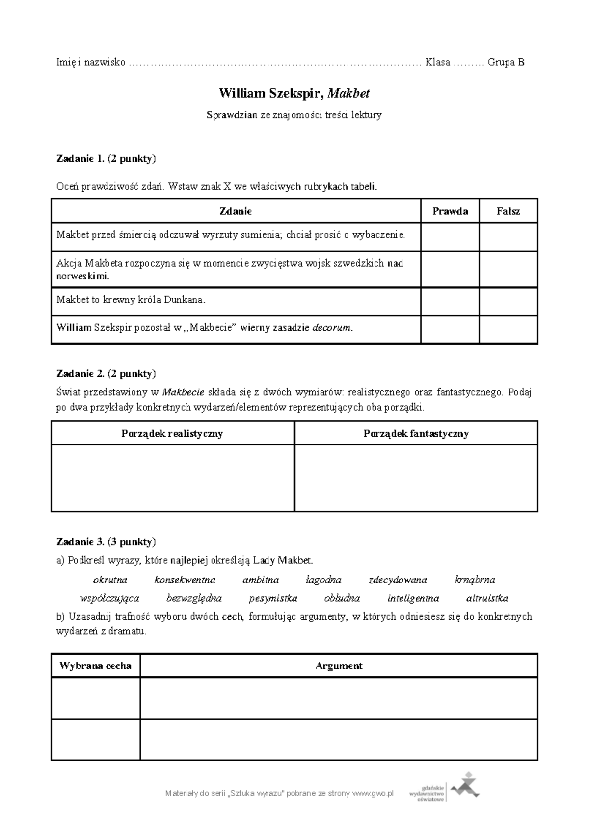 Test makbet szekspira b 1 pdf - Imię i nazwisko - Studocu