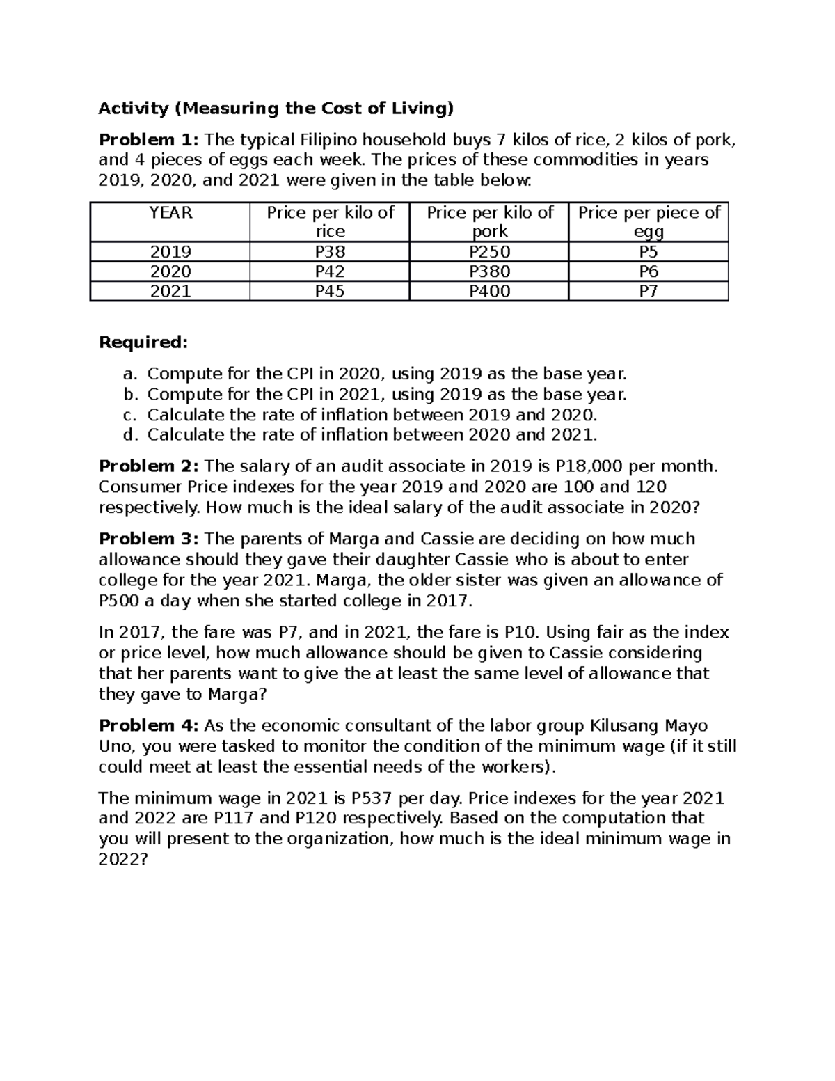 Activity- Measuring the Cost of Living - Activity (Measuring the Cost ...