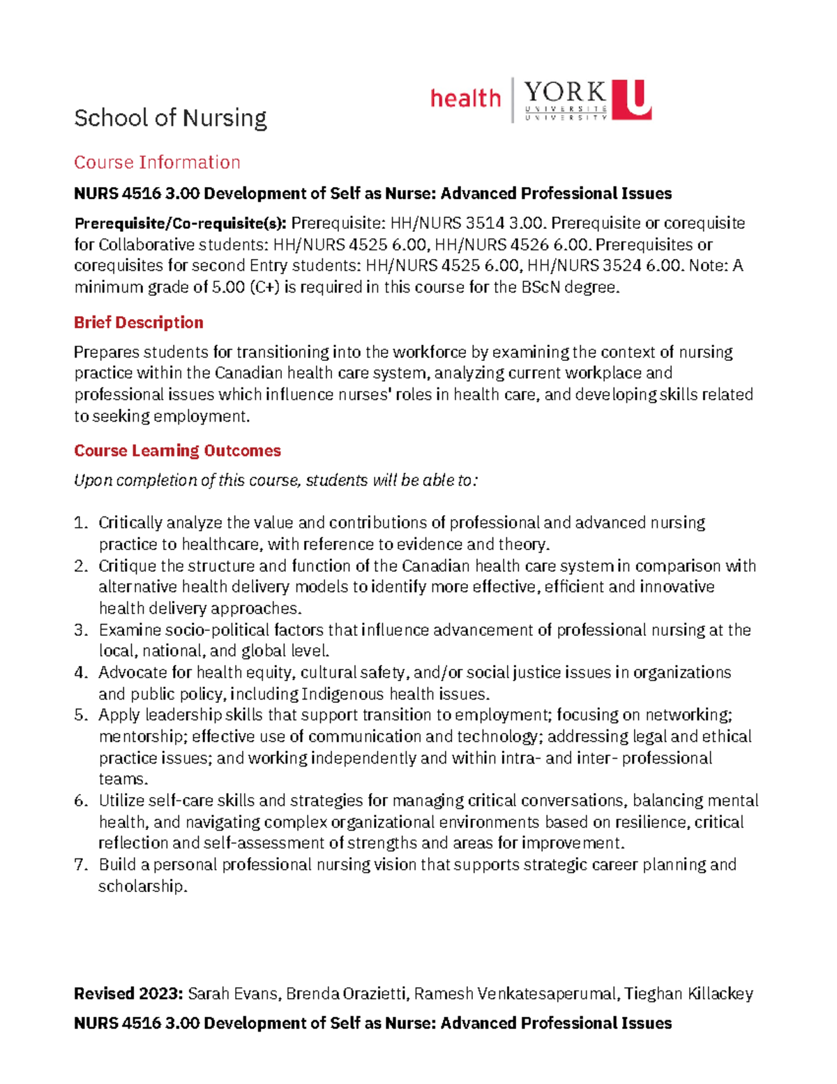 Course Outline - School of Nursing Course Information NURS 4516 3 ...
