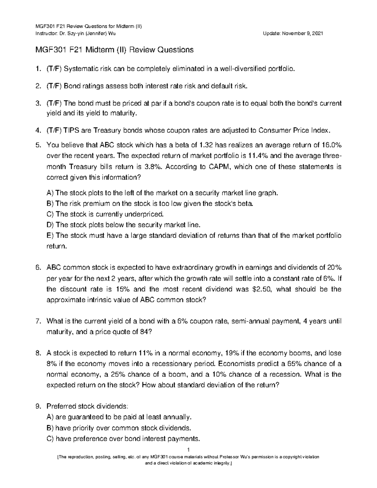 MGF301 F21 Midterm (II) Review Questions - MGF301 F21 Review Questions for Midterm (II ...