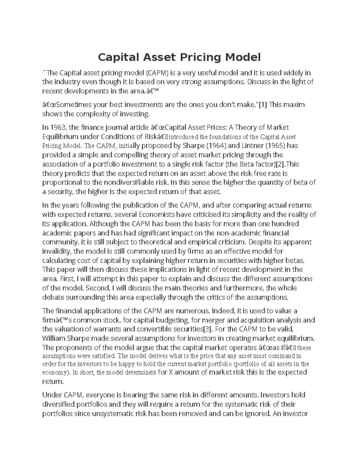 Capital Asset Pricing Model Capital Asset Pricing Model The Capital