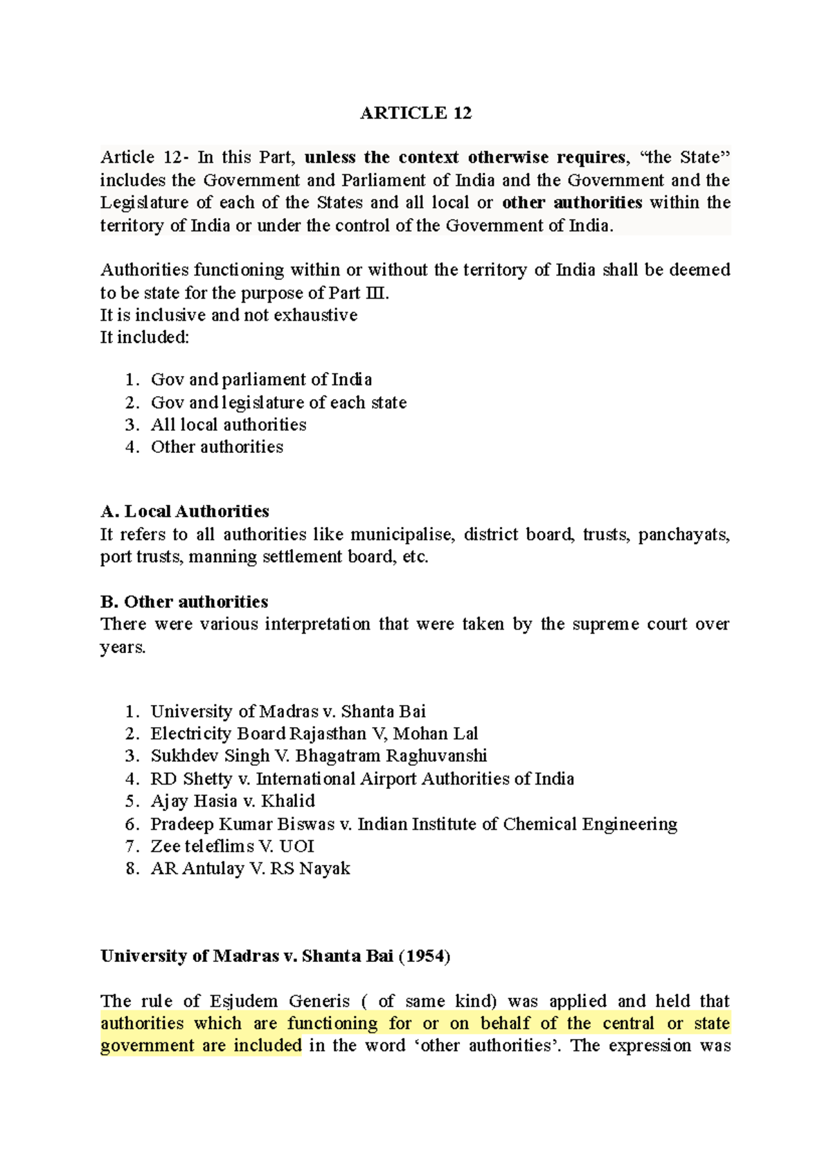 Constitution Class Notes - ARTICLE 12 Article 12- In this Part, unless ...