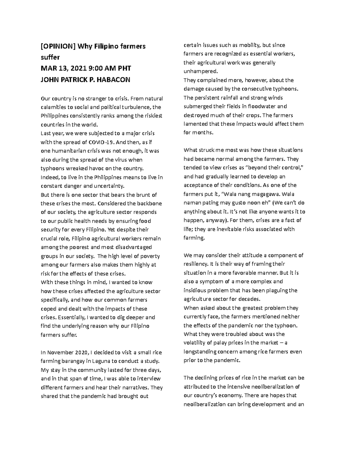 Argumentative Reading Agri - [OPINION] Why Filipino farmers suffer MAR ...