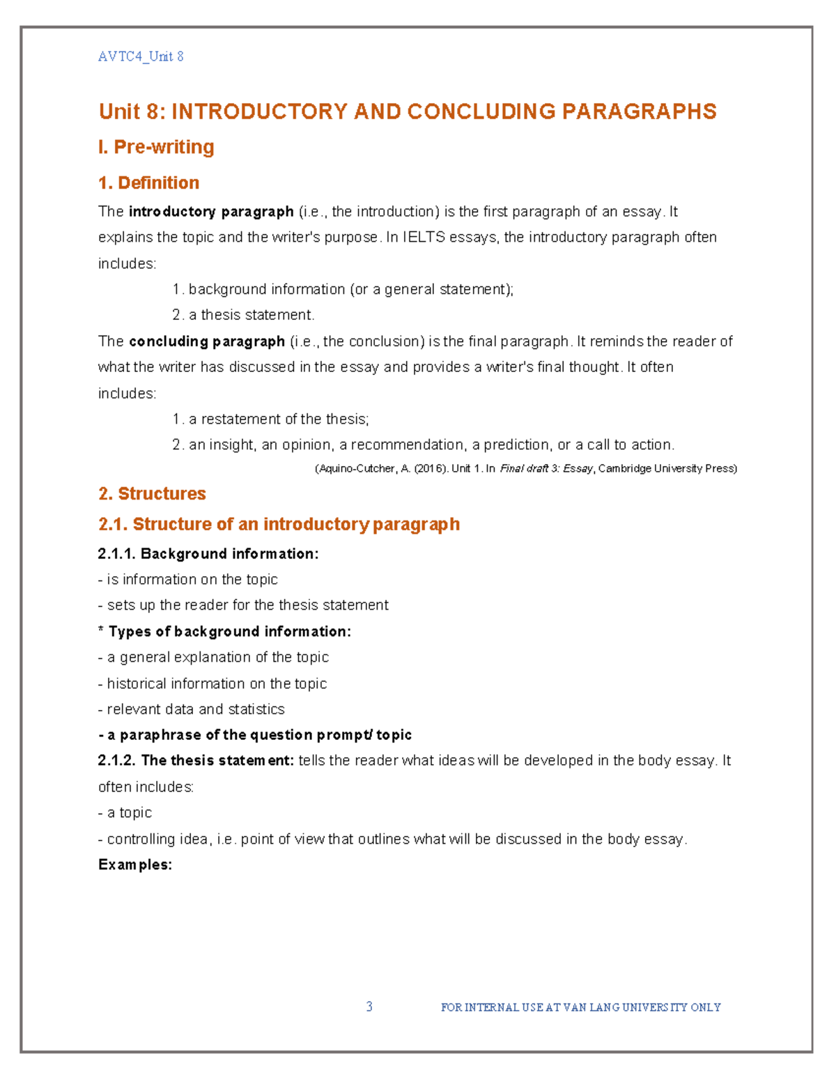 E4-L7- Writing Handout - Unit 8: INTRODUCTORY AND CONCLUDING PARAGRAPHS ...