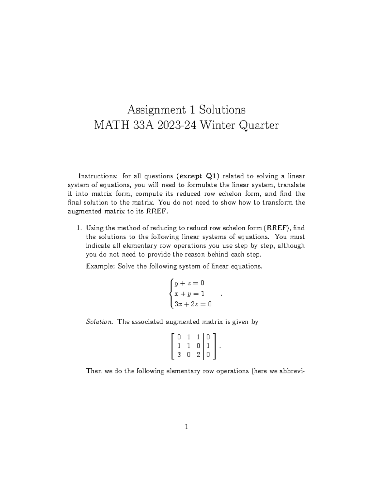 HW1 sol - n/a - Assignment 1 Solutions MATH 33A 2023-24 Winter Quarter ...