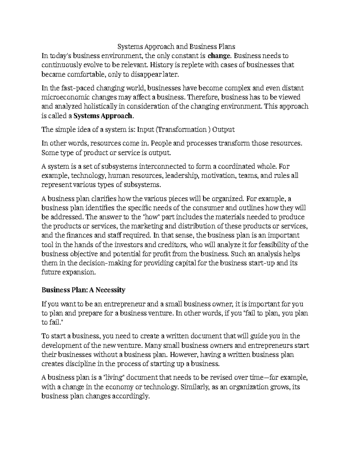 Systems Approach and Business Plans - Business needs to continuously ...