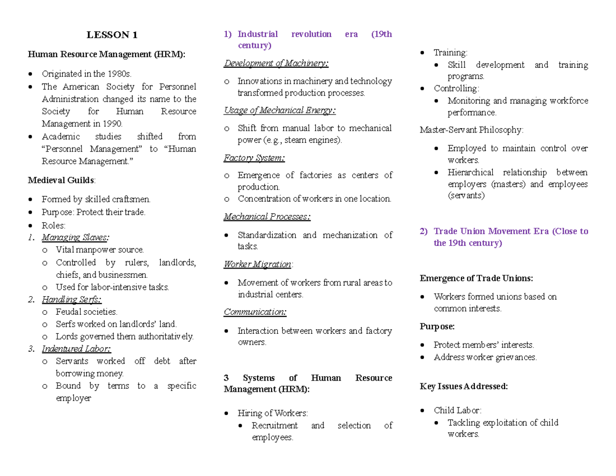 HRM( Lesson 1-4) - LESSON 1 Human Resource Management (HRM): Originated ...