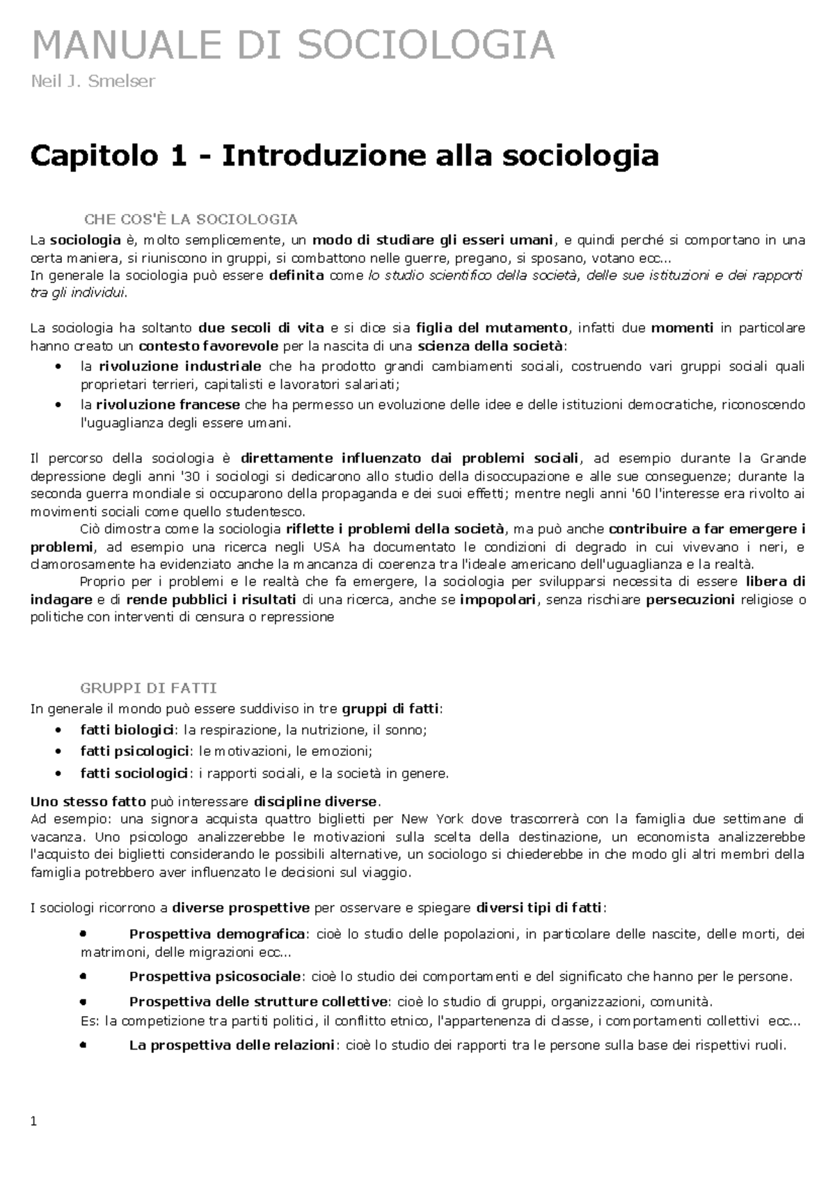 Smelser riassunto - MANUALE DI SOCIOLOGIA Neil J. Smelser Capitolo 1 ...