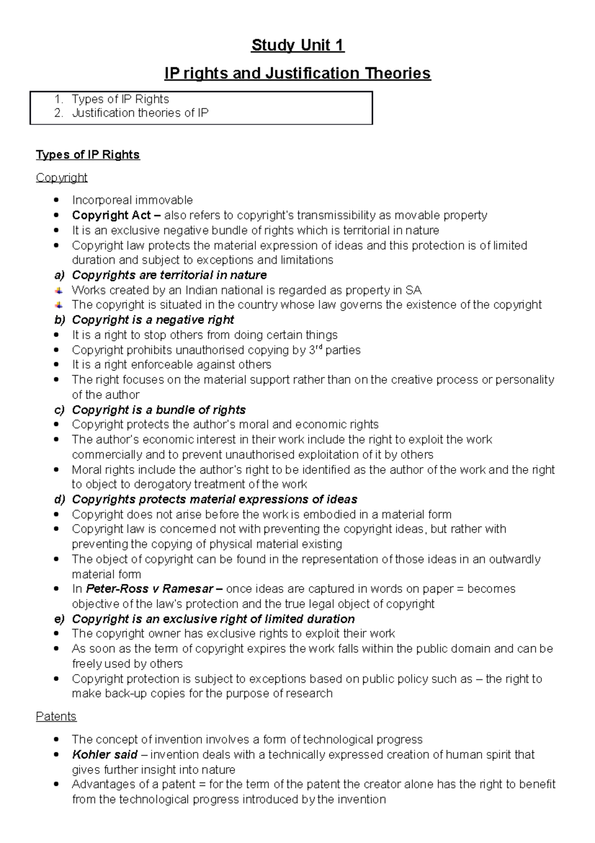 Study Unit 1.1 - IURE 422 - Study Unit 1 IP rights and Justification ...