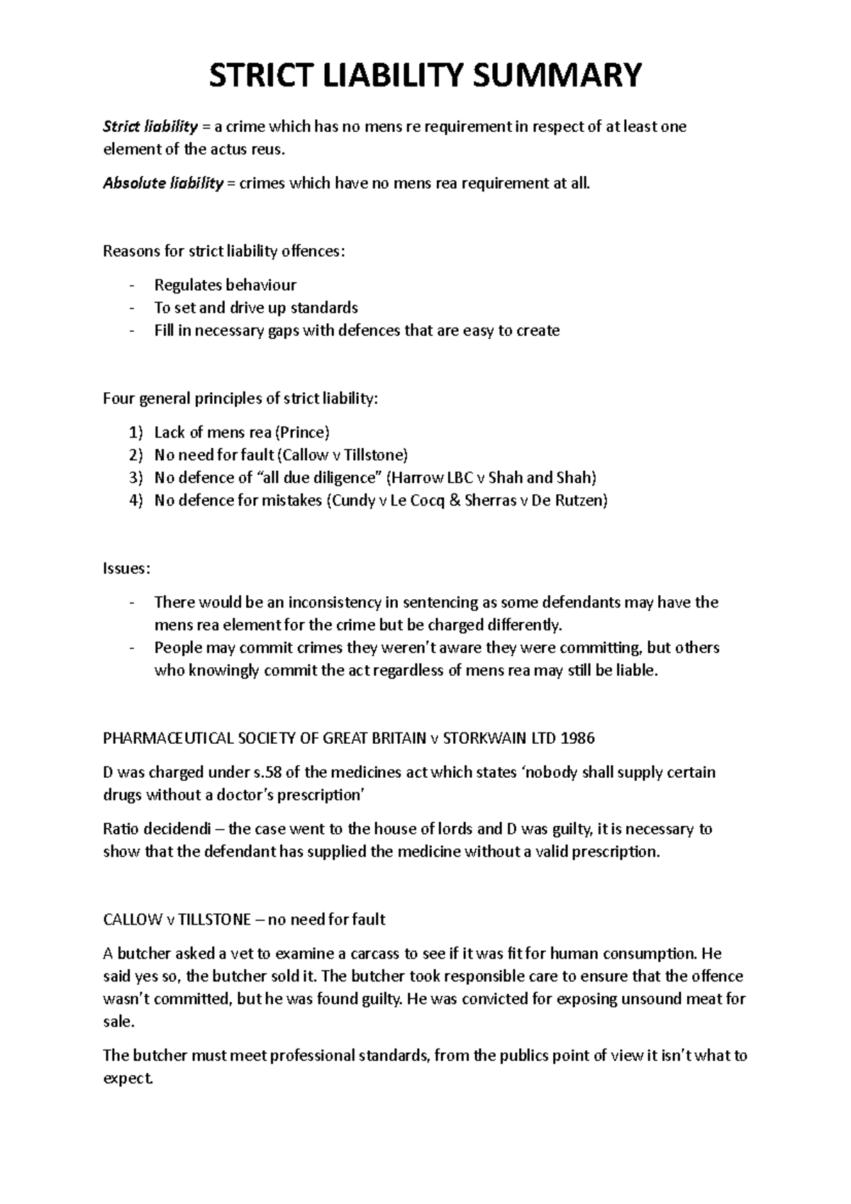 Strict liability summary - STRICT LIABILITY SUMMARY Strict liability ...