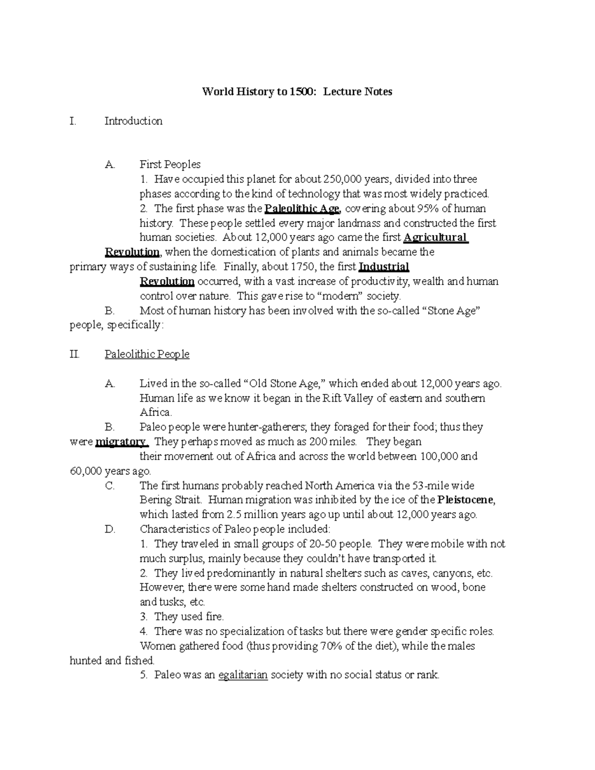 Lecture Notes 2 - World History to 1500: Lecture Notes I. Introduction ...