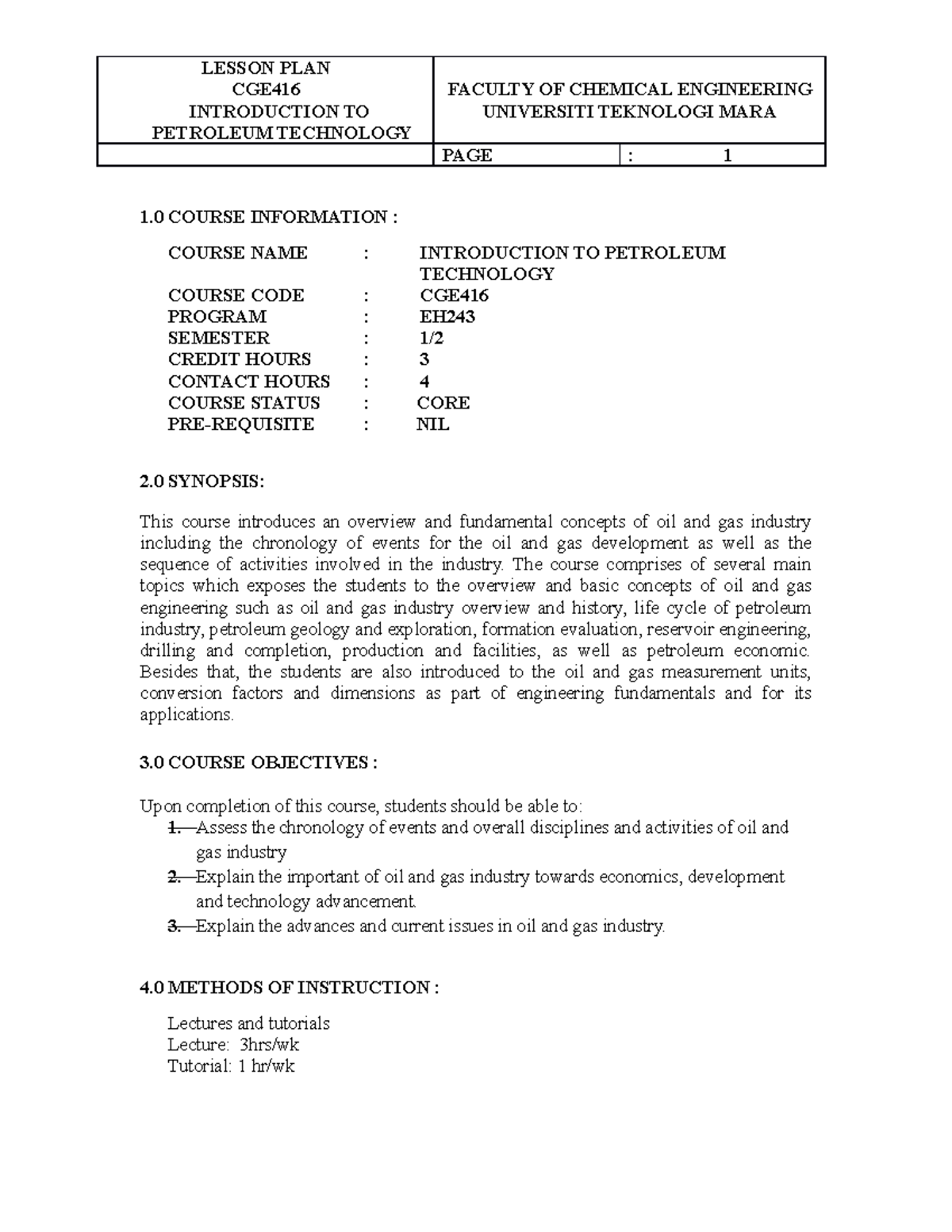 Lesson PLAN CGE416 - CGE INTRODUCTION TO PETROLEUM TECHNOLOGY FACULTY ...