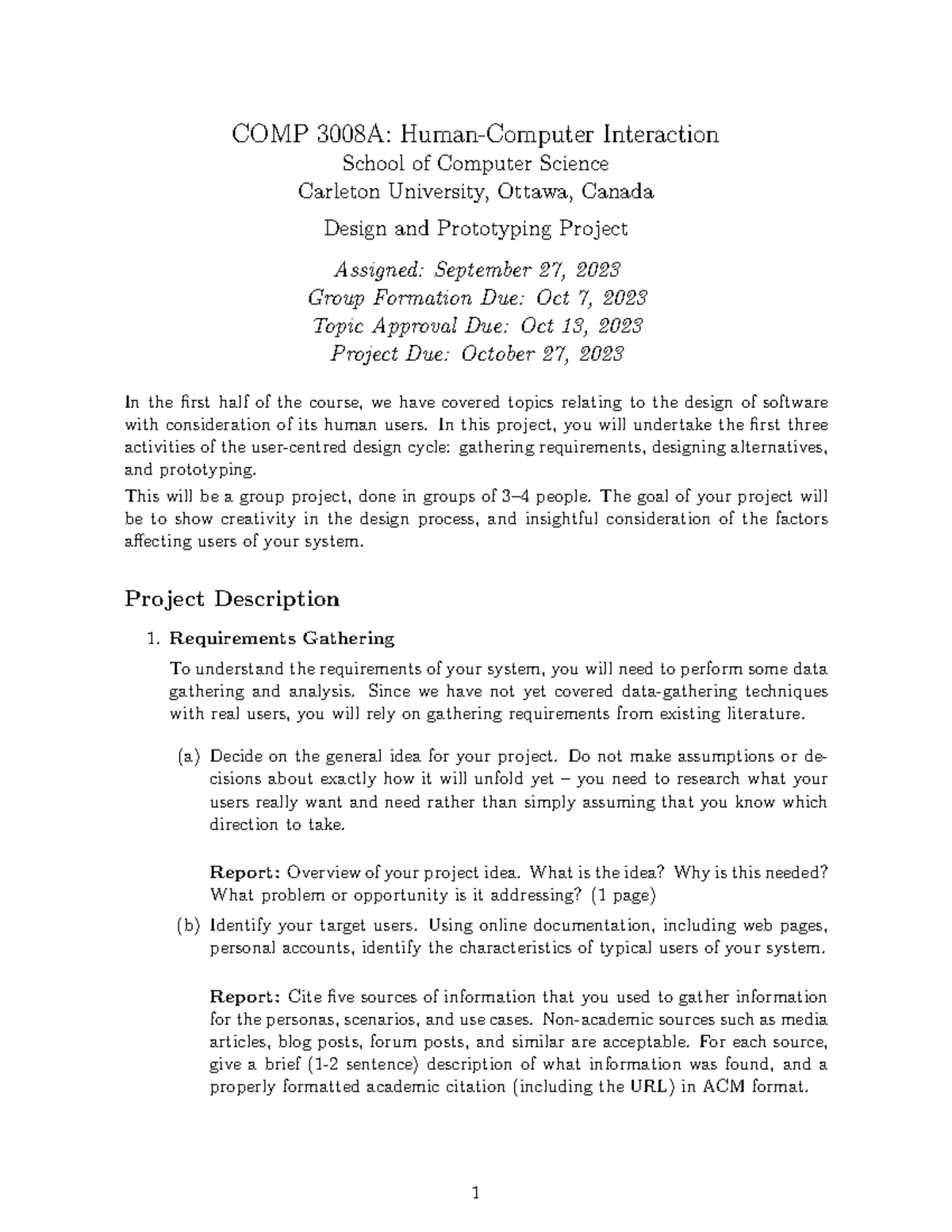 Comp3008 F2023-designproj desc - COMP 3008A: Human-Computer Interaction School of Computer ...