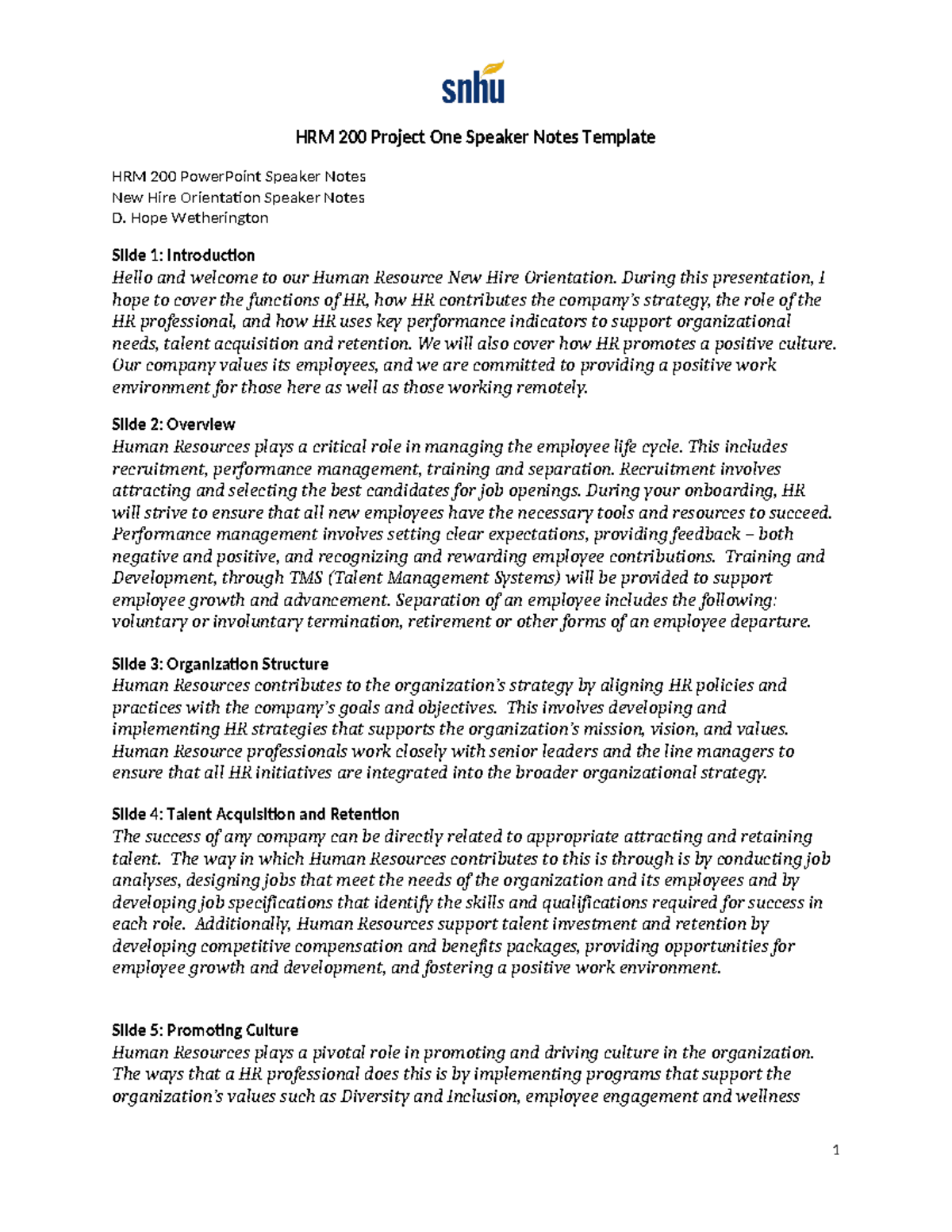 HRM 200 Project One Speaker Notes - Hope Wetherington Slide 1 ...