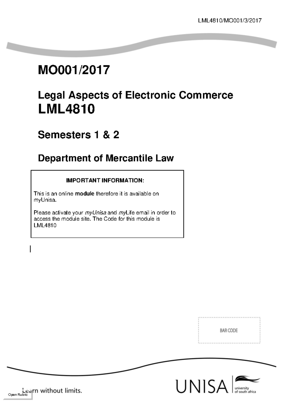 Legal Aspects of Electronic Commerce LML4810 Study Guide Tutorial 001 ...
