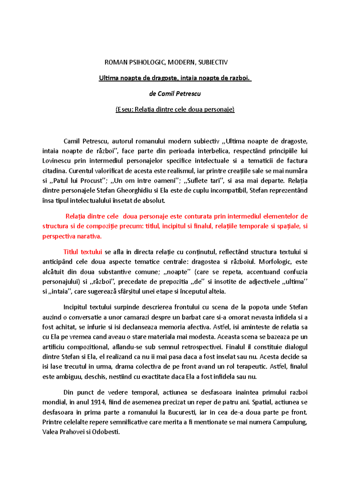 Eseu relatia dintre doua personaje ultim - ROMAN PSIHOLOGIC, MODERN ...