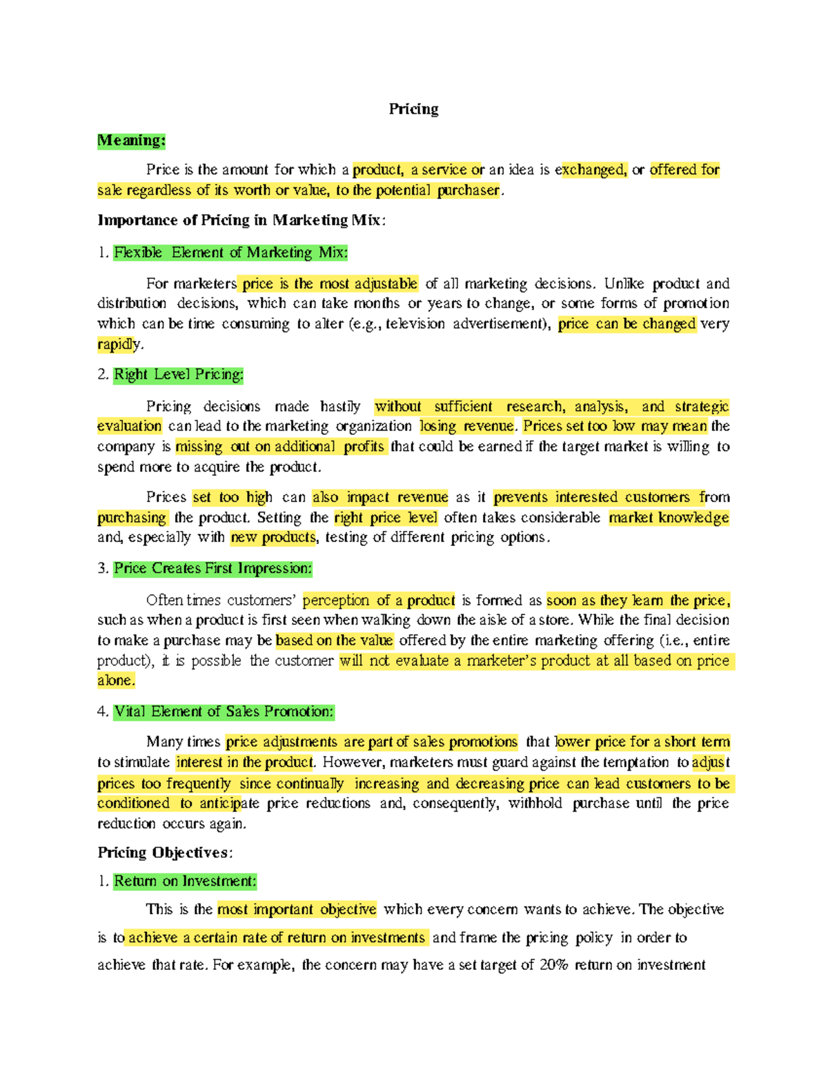 Pricing - This is my lecture's notes. - Pricing Me aning: Price is the ...