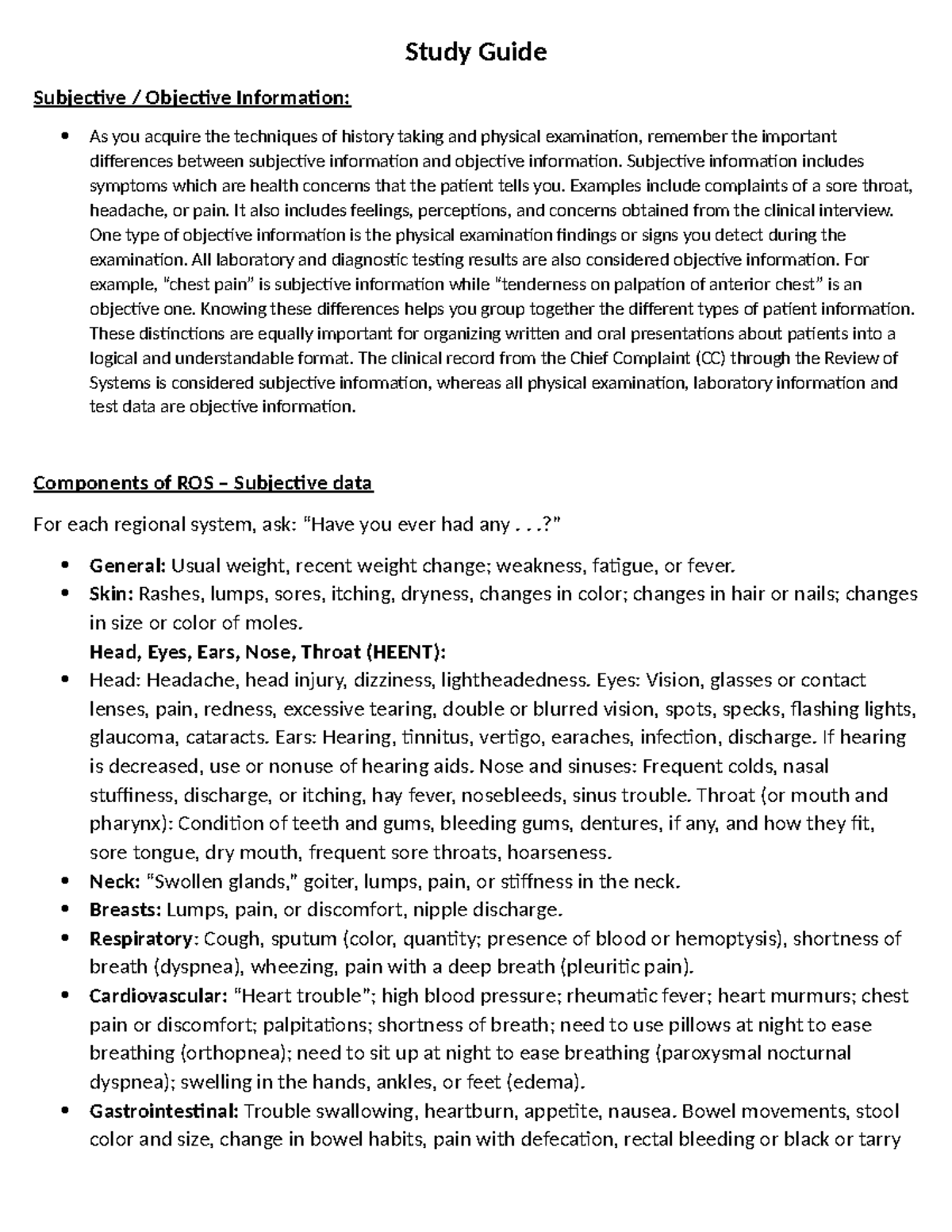 Study Guide - Study Guide Subjective / Objective Information: As you ...