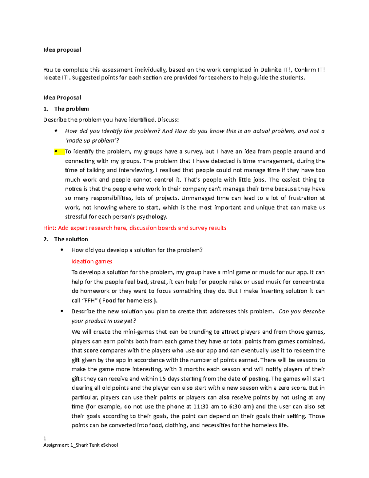 Assessment 1-task2 Idea proposal - Idea proposal You to complete this ...