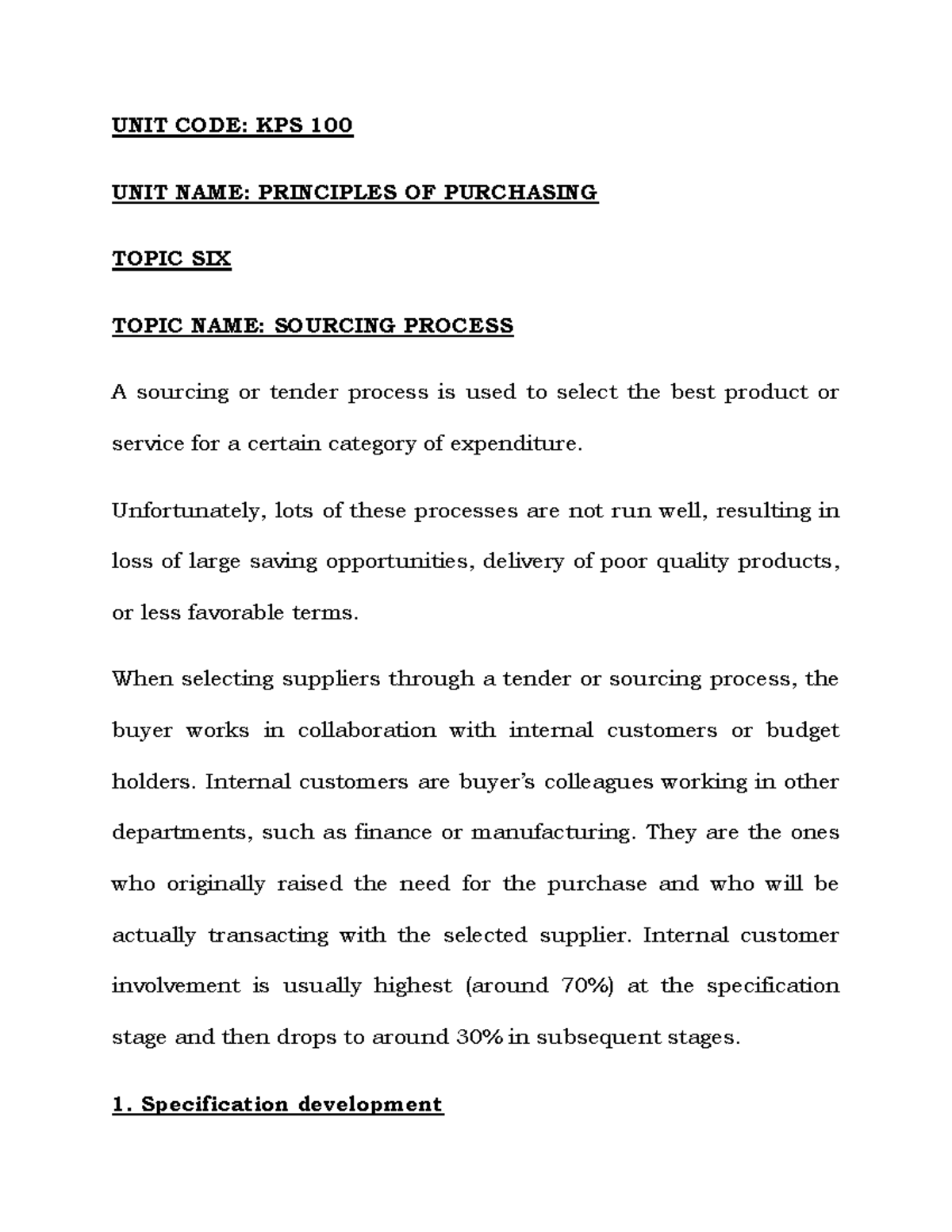 KPS 100 Topic 6 - Lecture notes 6 - UNIT CODE: KPS 100 UNIT NAME ...
