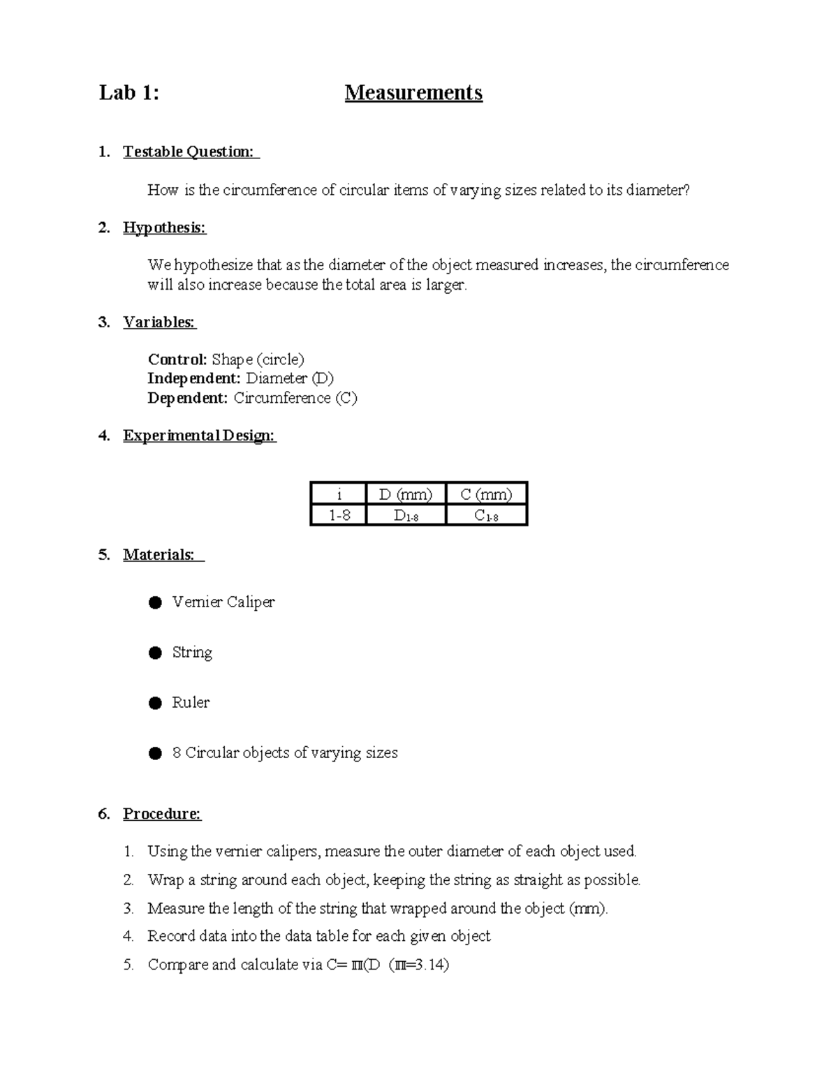 PHY-111L Lab 1 - Lab 1 - Lab 1: Measurements Testable Question: How is ...