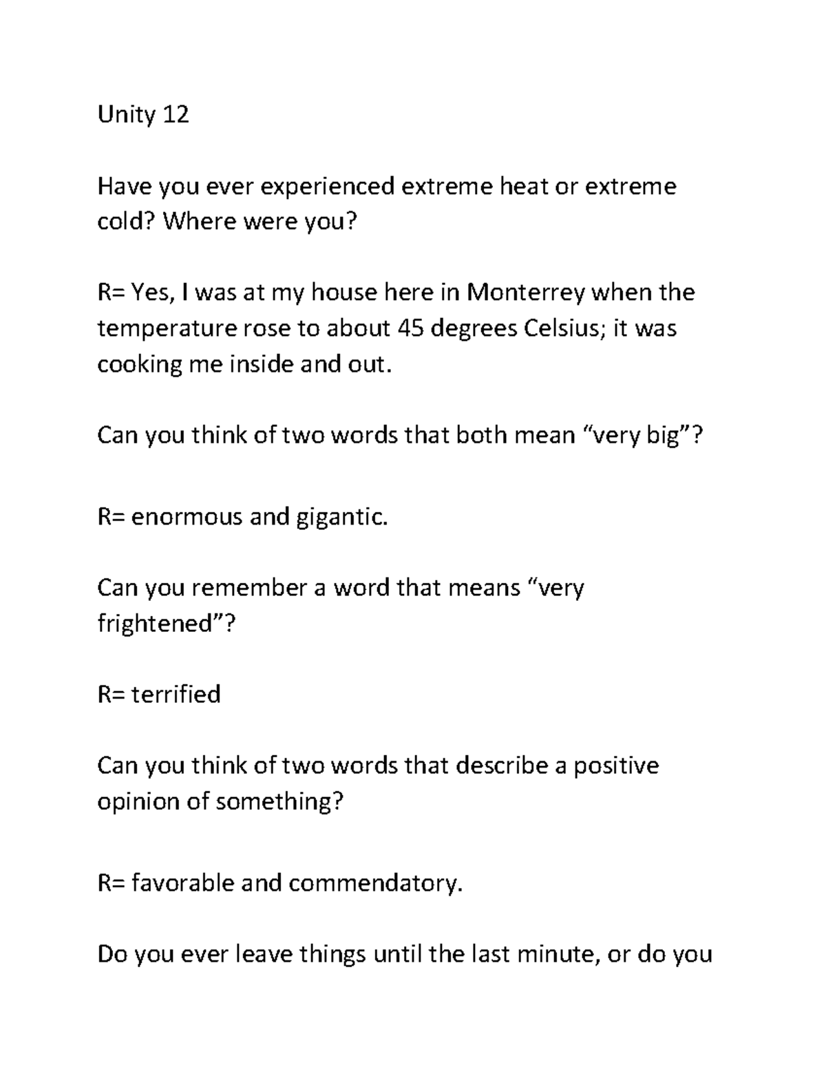 Unity 12 - es de cambridge - Unity 12 Have you ever experienced extreme heat or extremecold ...