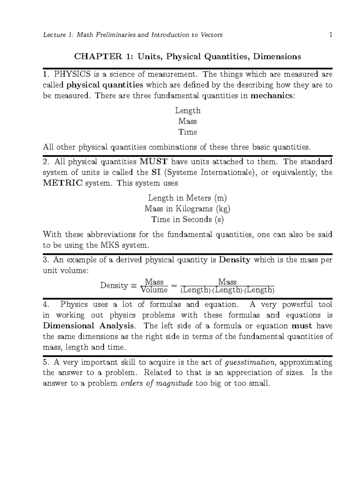 Phys 1 chap1 suplemment Lect - CHAPTER 1: Units, Physical Quantities, Dimensions PHYSICS is a ...