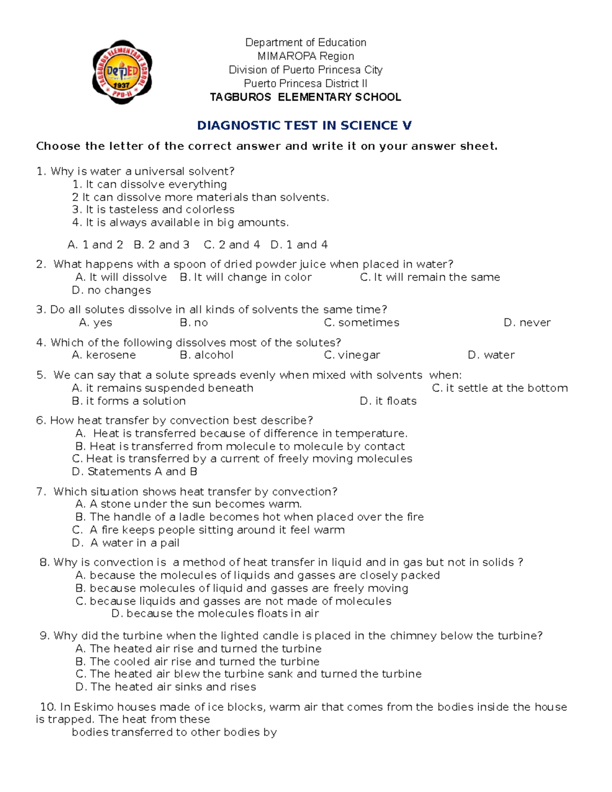 PRE-TEST Science-5 - Diagnostic Test in Science - Department of ...