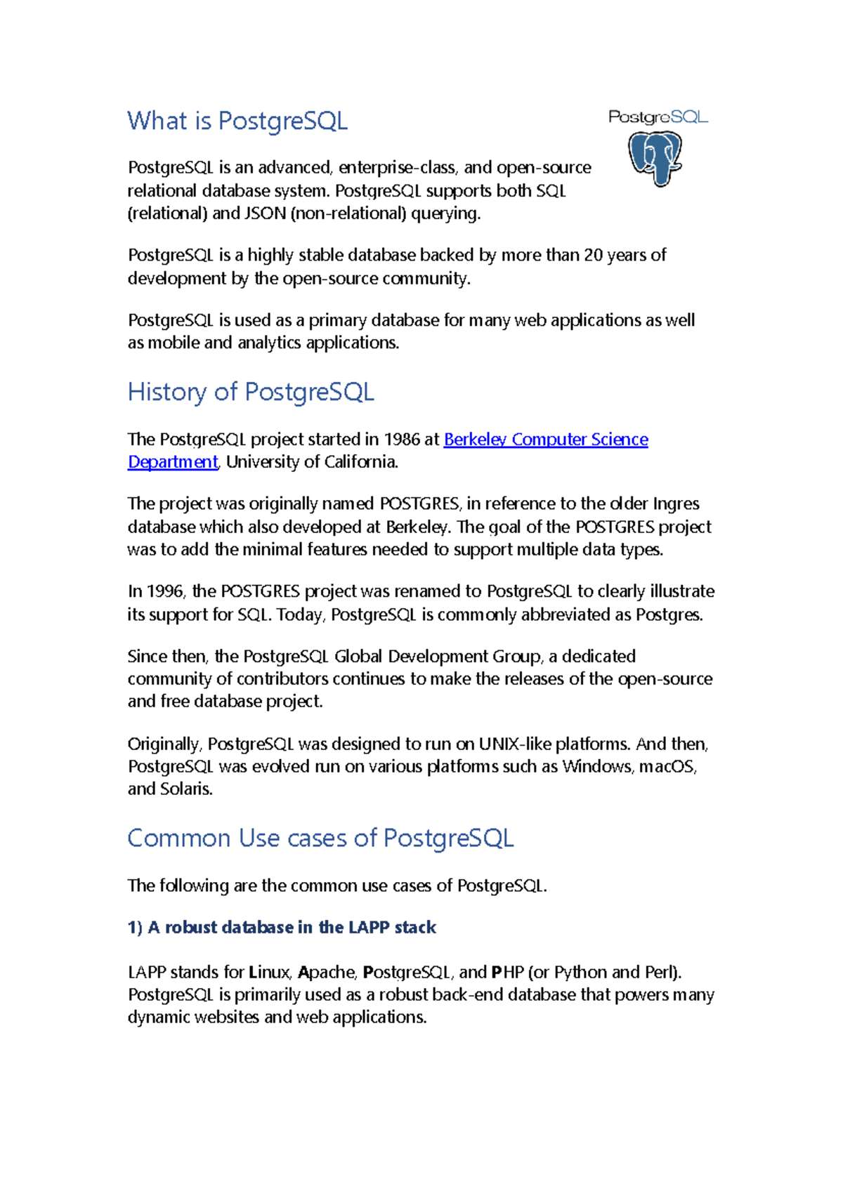 Postgresql - What is PostgreSQL PostgreSQL is an advanced, enterprise ...