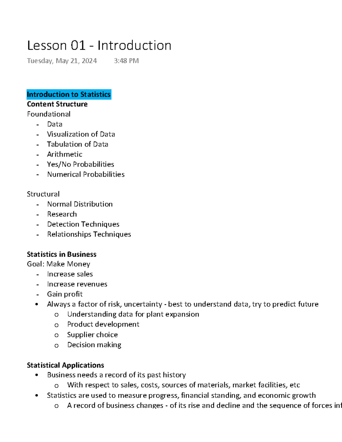 Lesson 01 - Introduction - Introduction to Statistics Content Structure Foundational Data - Studocu