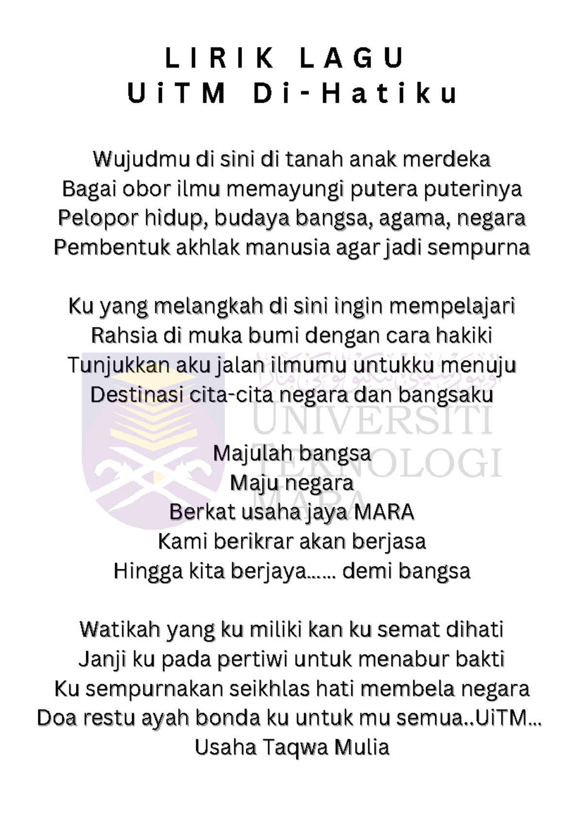 Lirik LAGU Ui TM Di-Hatiku - Wujudmu di sini di tanah anak merdeka ...