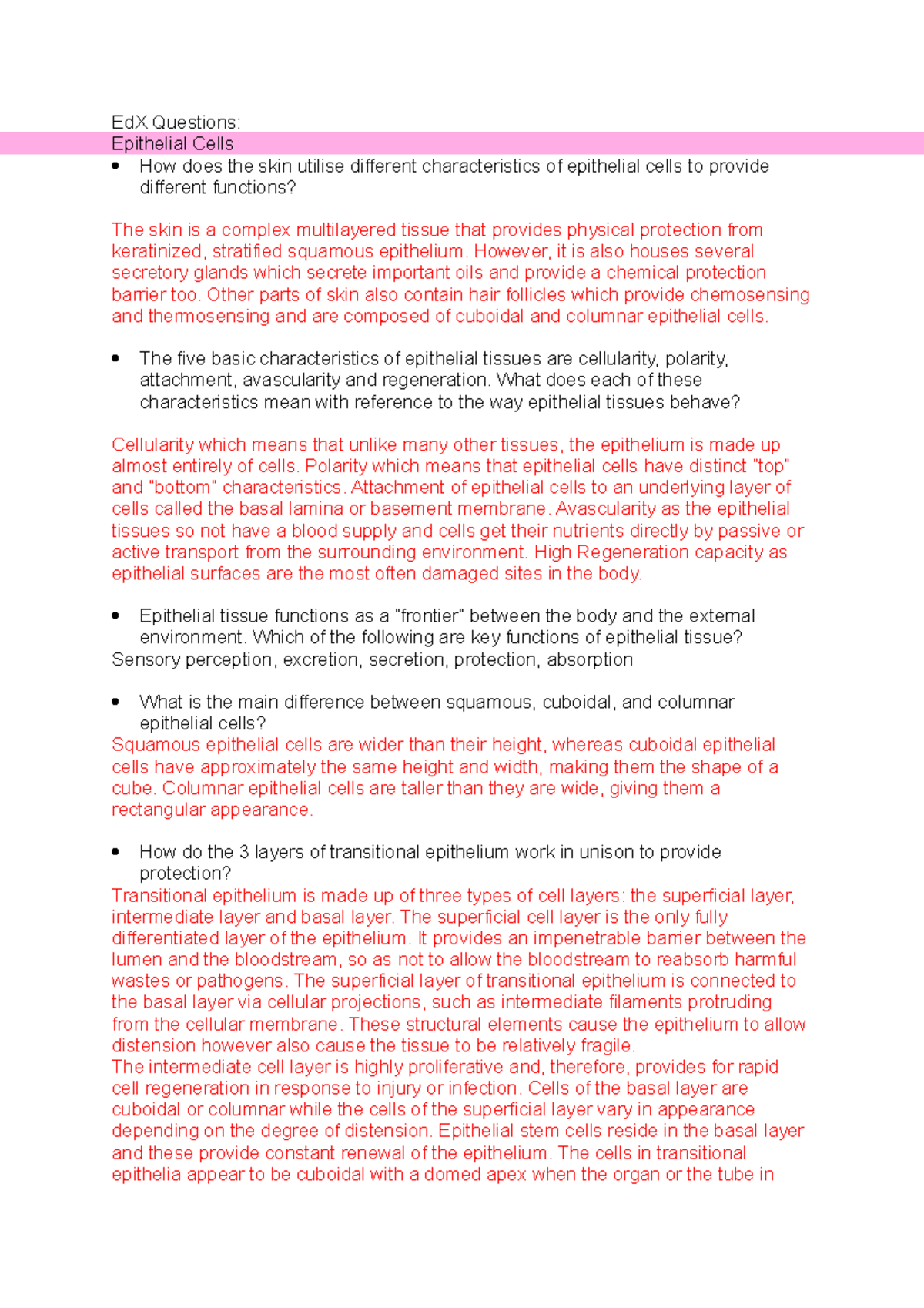 Ed X Question Answers - EdX Questions: Epithelial Cells How does the ...