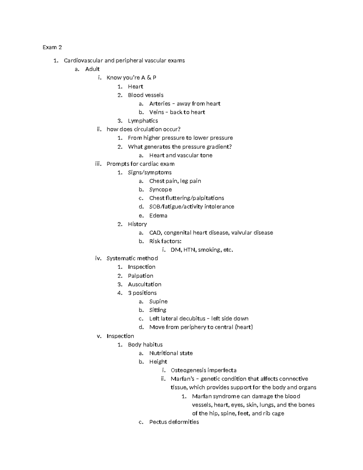 Exam 2 - Outline - Exam 2 1. Cardiovascular and peripheral vascular ...