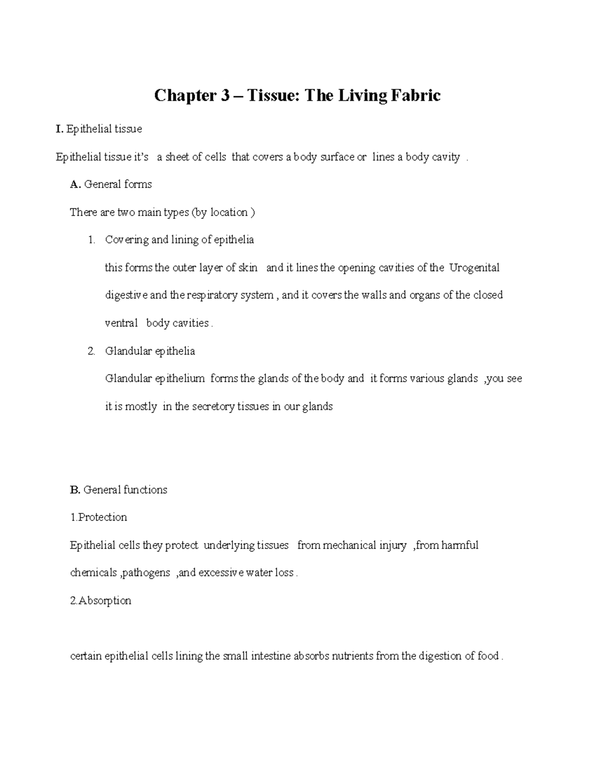 Chapter 3a notes - Chapter 3 – Tissue: The Living Fabric I. Epithelial ...