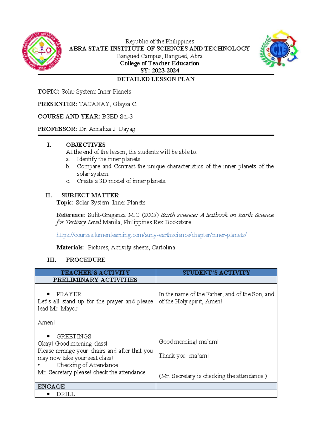 SC4 Lesson PLAN - Republic of the Philippines ABRA STATE INSTITUTE OF ...