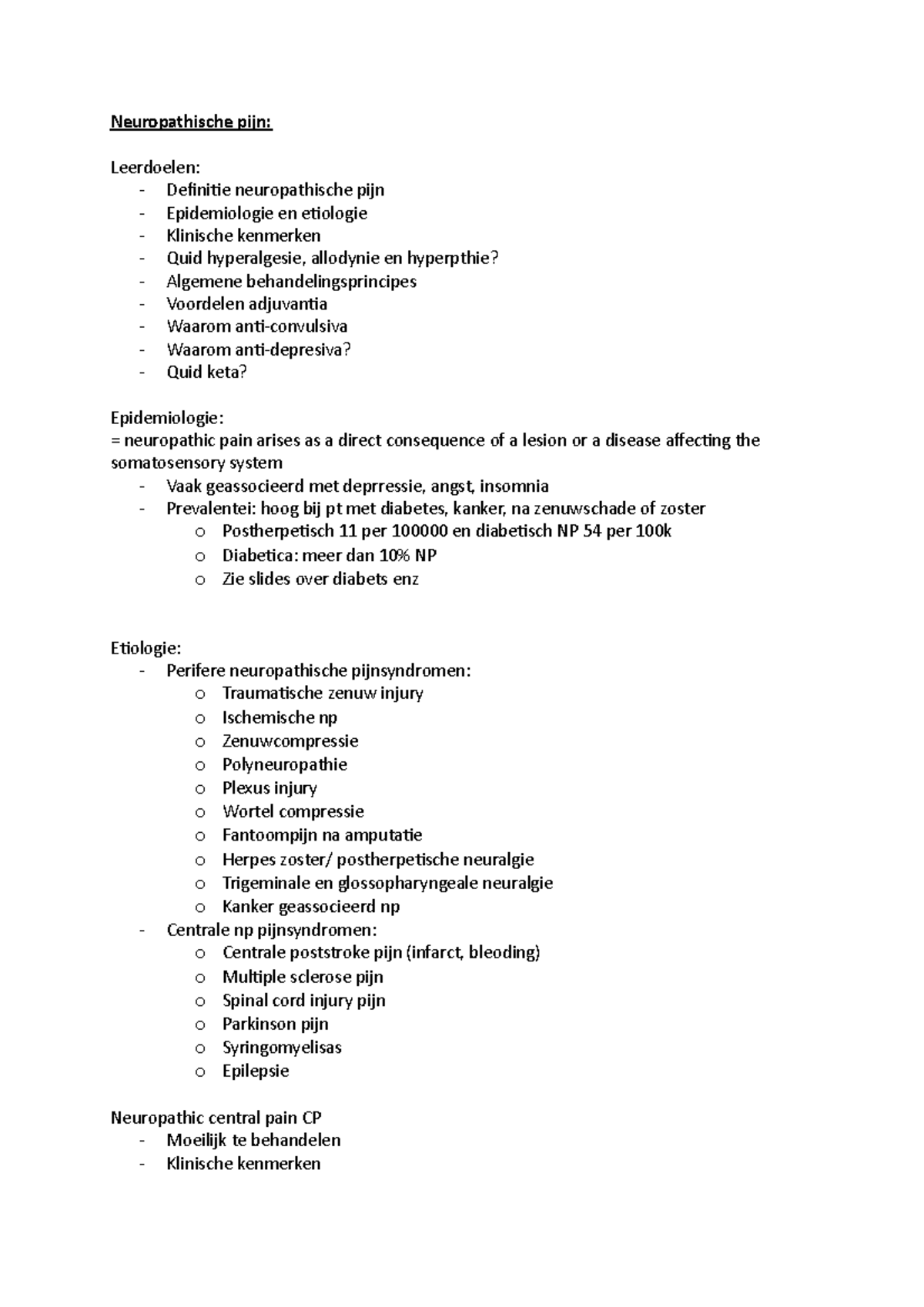 Neuropathische pijn - lesnotities - Neuropathische pijn: Leerdoelen ...