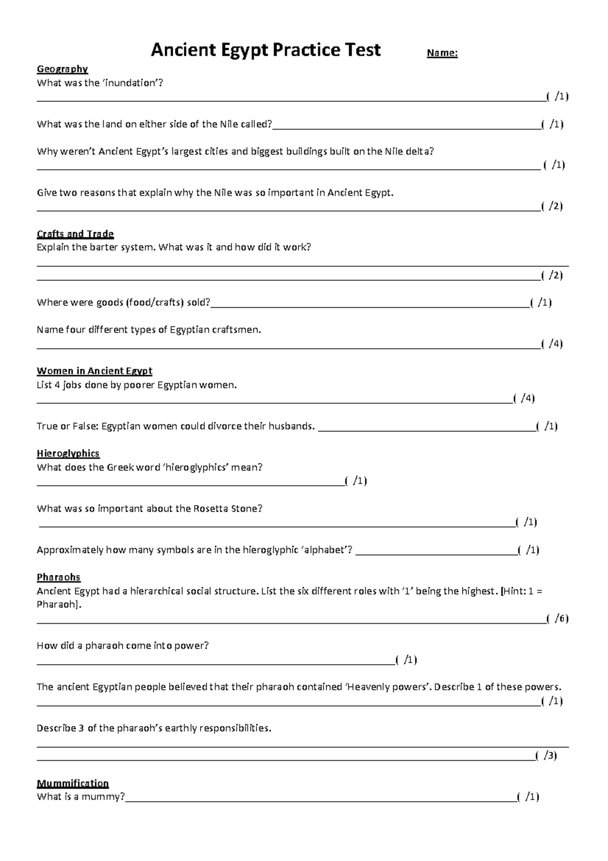 Ancient egypt practice test - Ancient Egypt Practice Test Name ...