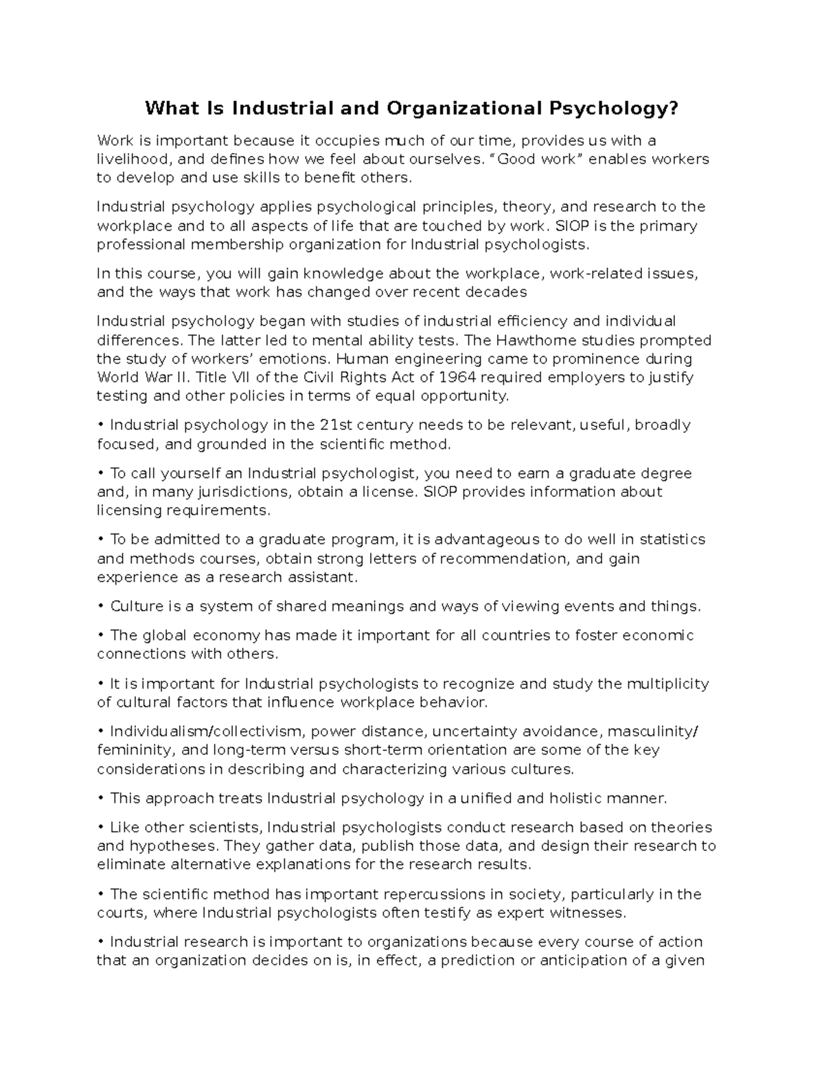 Indusrial Psychology - Summary - What Is Industrial and Organizational ...