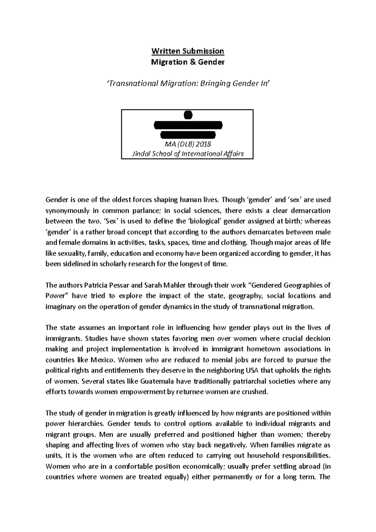 Writing Sample - Migration & Gender - Written Submission Migration ...