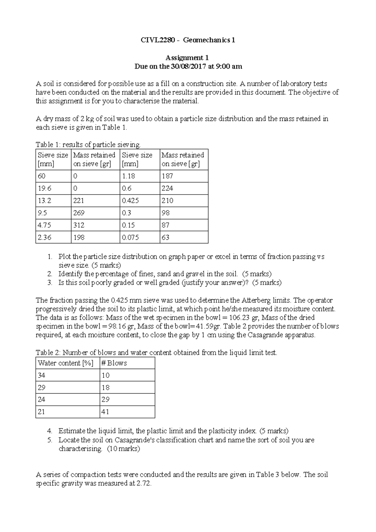 2017-Assignment 1 -2280pdf - CIVL2280 - Geomechanics 1 Assignment 1 Due on the 30/08/2017 at 9 ...