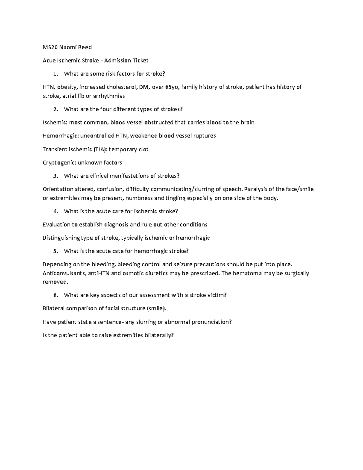 MS20 Naomi Reed - MS20 Naomi Reed Acue Ischemic Stroke - Admission ...