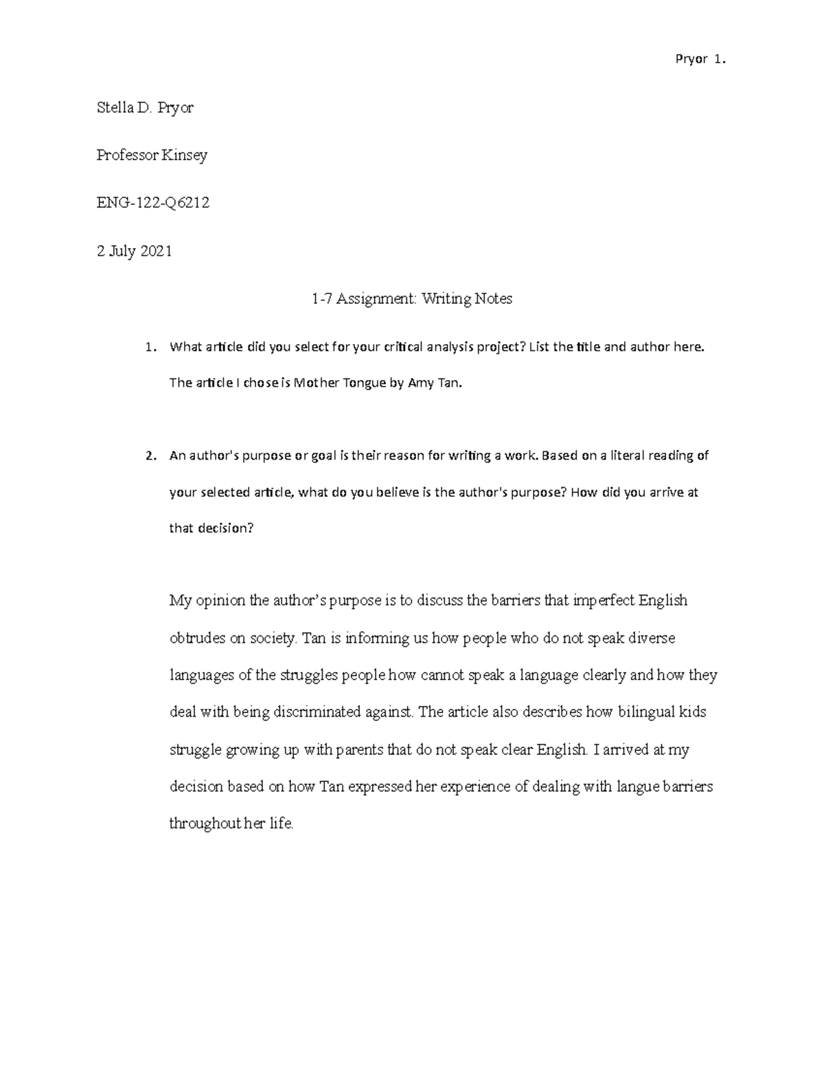 English - I researched and drafted a four-page essay that details the ...