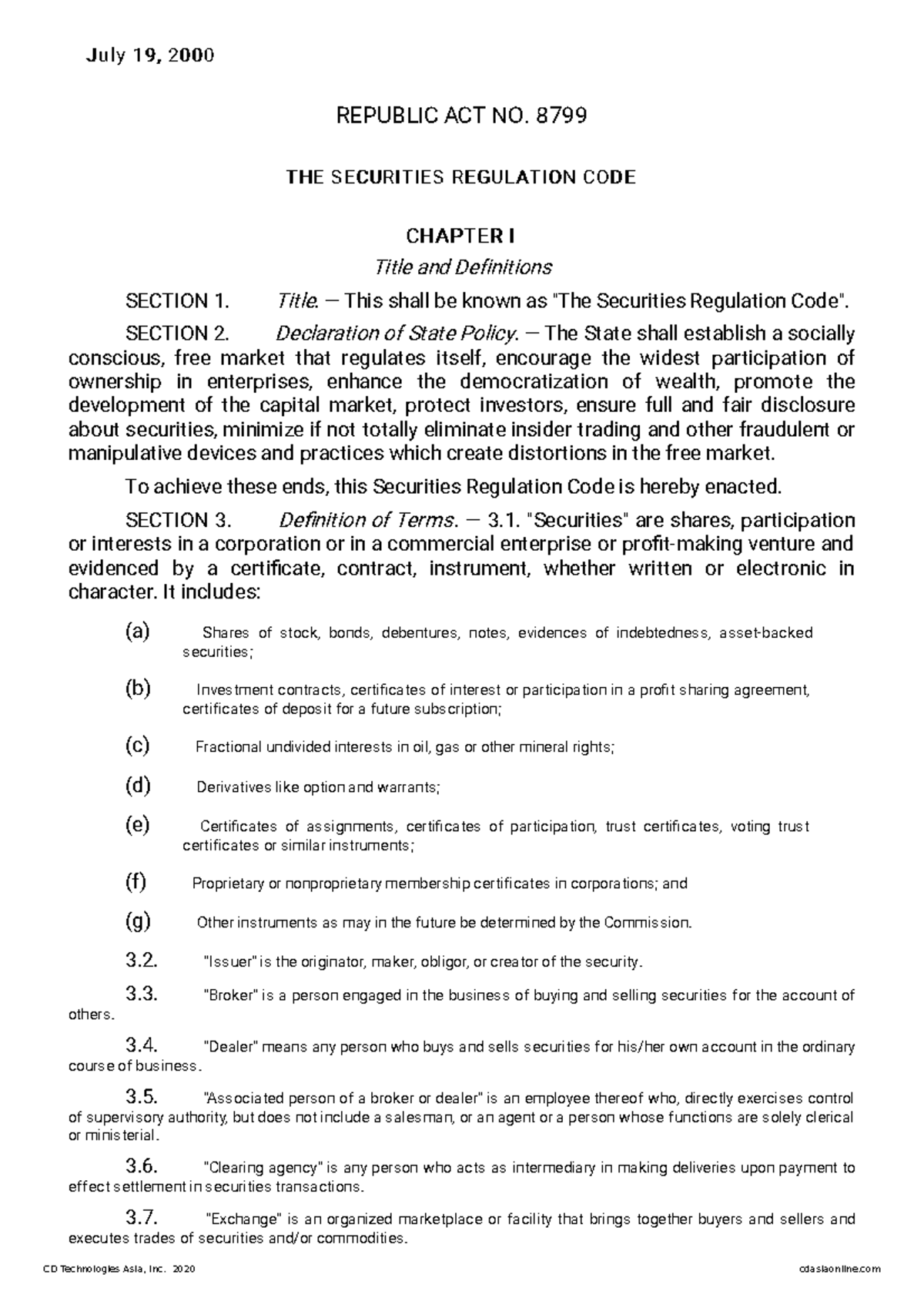Securities Regulations Code - July 19, 2000July 19, 2000 REPUBLIC ACT ...
