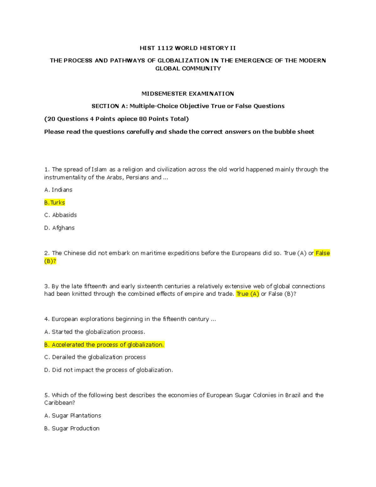 History Midterm Answers - HIST 1112 WORLD HISTORY II THE PROCESS AND ...