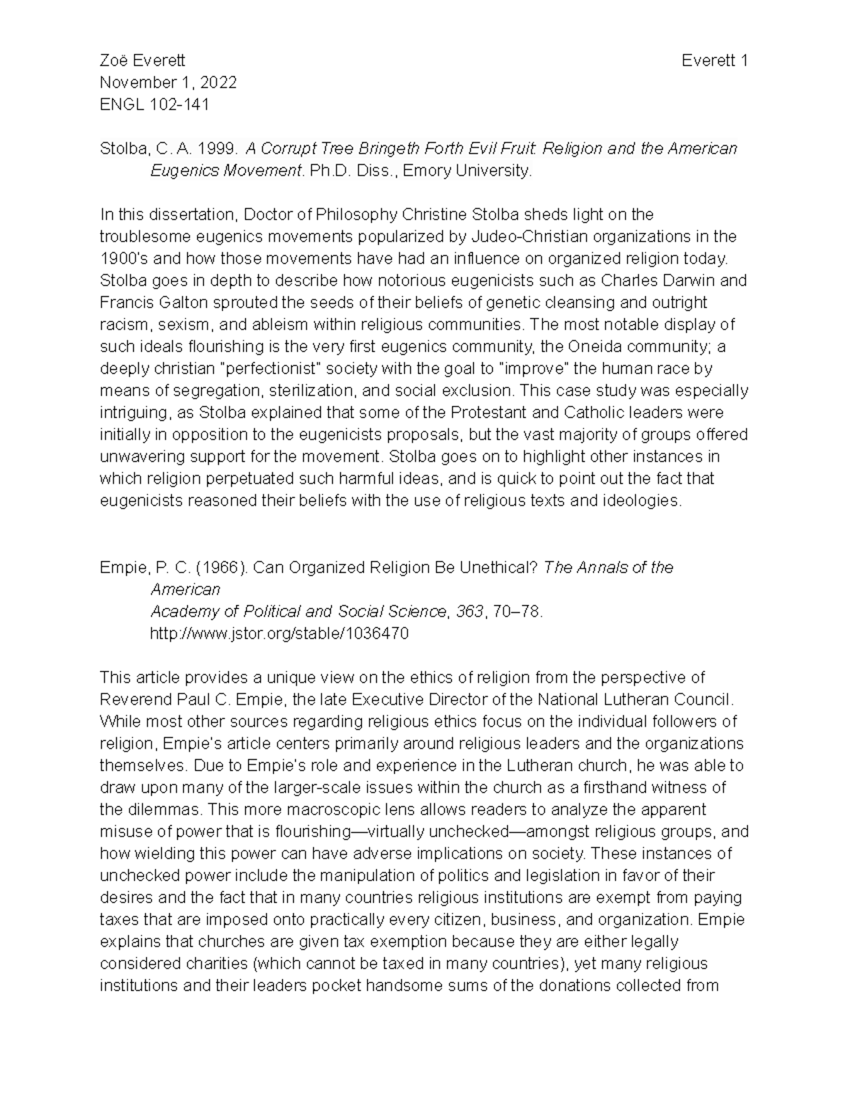 Assignment #2 - Annotated Bibliography - Zoë Everett Everett 1 November ...