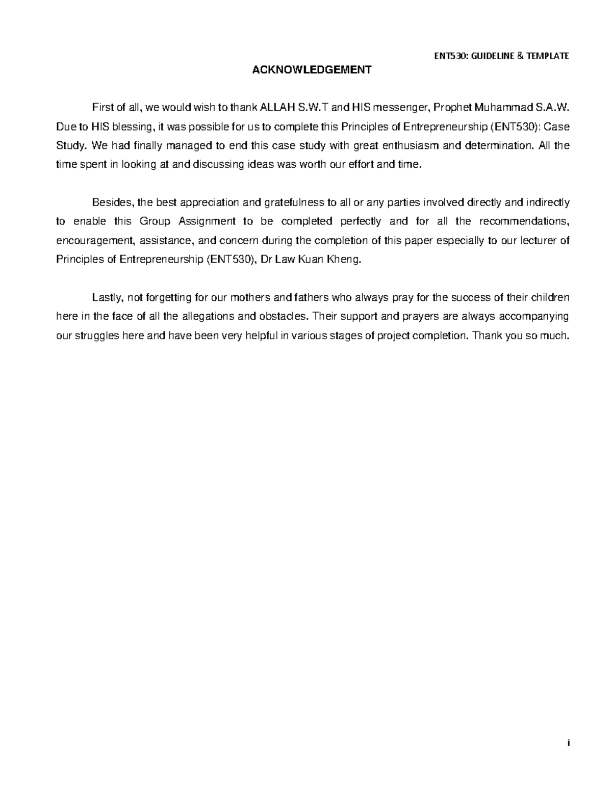 ASSIGNMMENT OF CASE STUDY - ENT530: GUIDELINE & TEMPLATE i ...