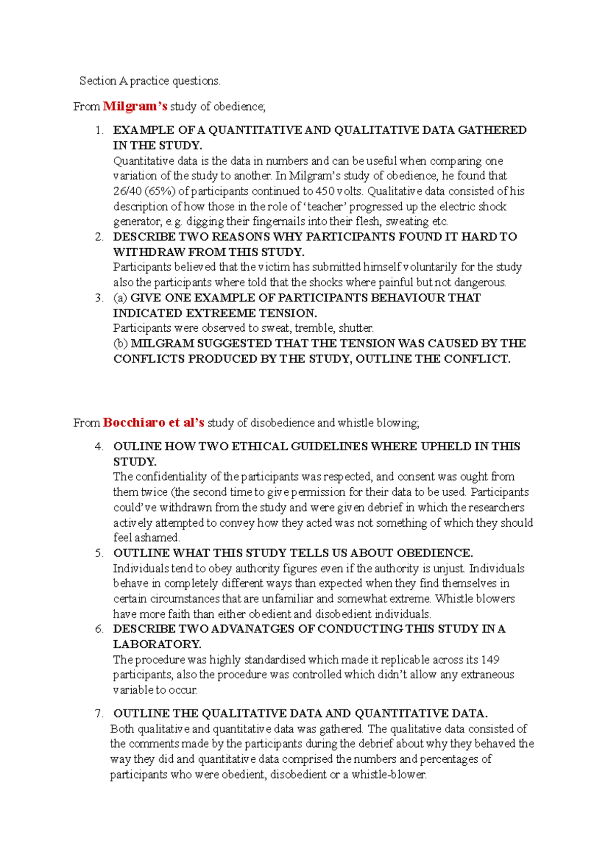 Cognitive psychology - Section A practice questions. From Milgram’s ...