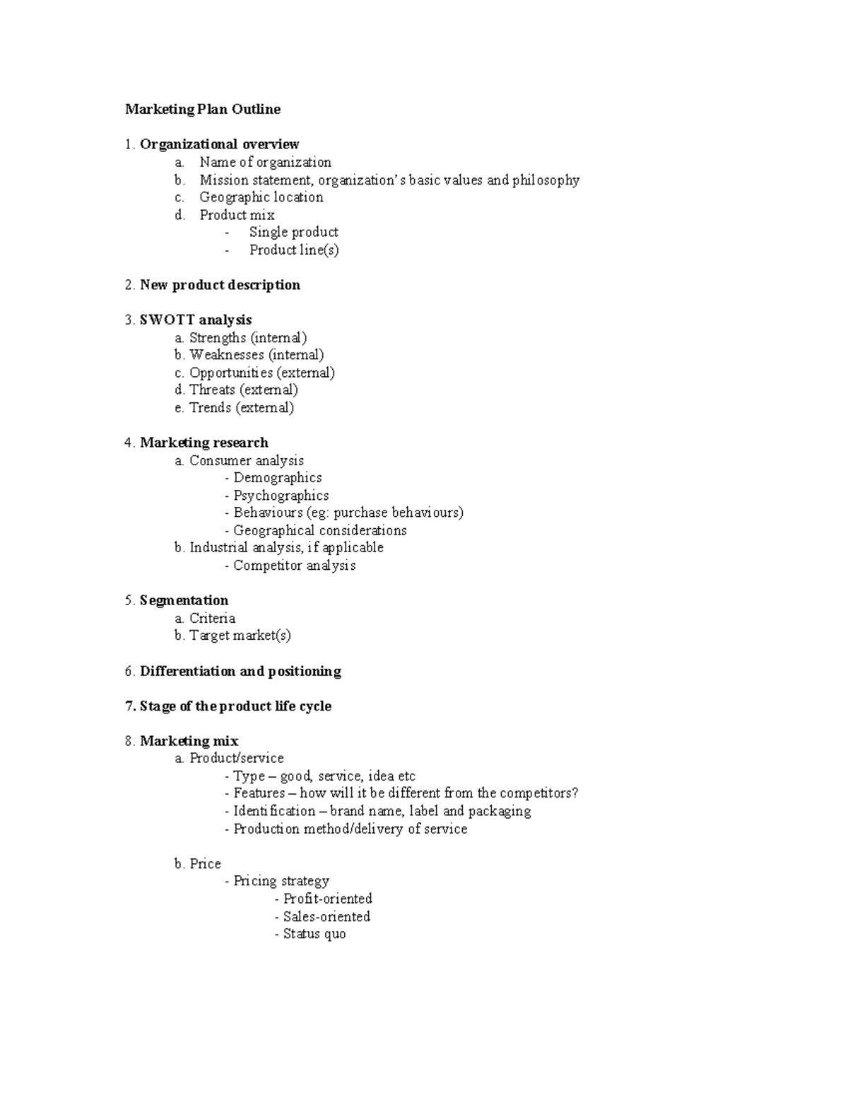 Final Project - Sample Marketing Plan Outline - Marketing Plan Outline ...