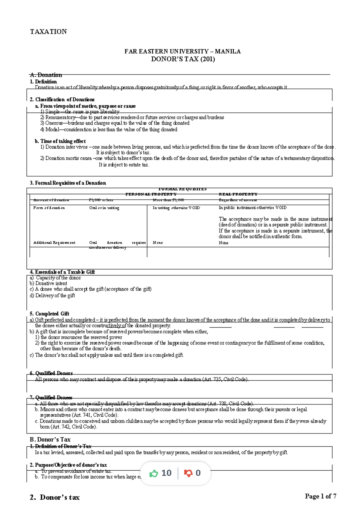 Dlstudocu - Donation - TAXATION 2. Donor’s tax Page 1 of 7 FAR EASTERN ...